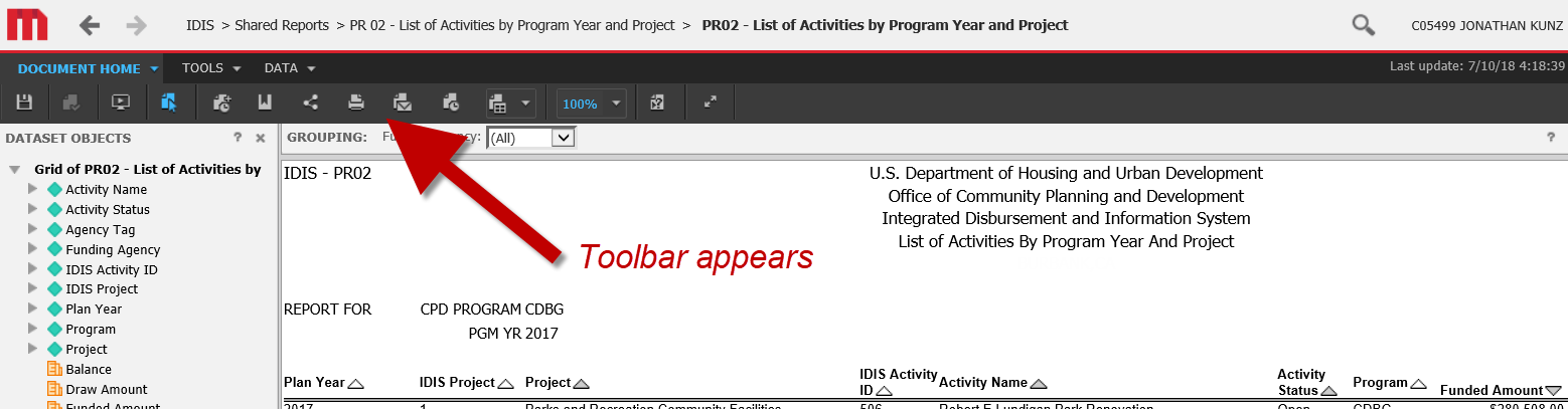 The toolbar in MicroStrategy has disappeared and I am unable to print ...